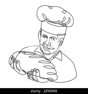 Continuous line illustration of a baker holding an oven peel viewed ...