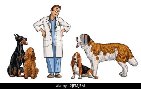 Friendly vet and his patients. Veterinarian with dogs illustration ...