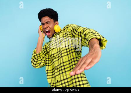 Photo of millennial brunette funny guy do selfie show v-sign wear ...