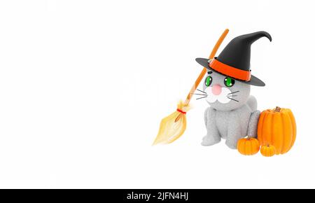 3d render. Cartoon gray kitten in a witch hat and with pumpkins. Autumn ...