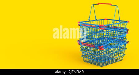 Stack of metalwire shopping basket from supermarket on green background ...