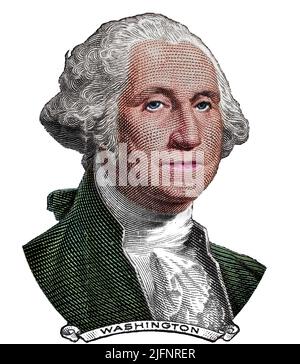 Colorized George Washington cut on 1 dollar banknote isolated on ...