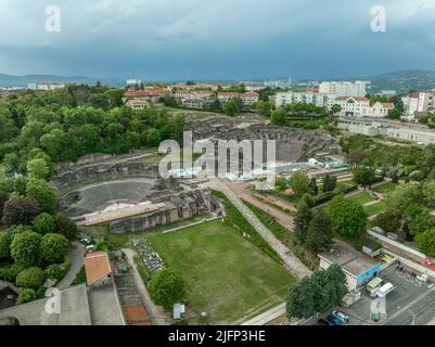 Aerial view of Lyon amphitheater and Roman ruins above the city Stock ...