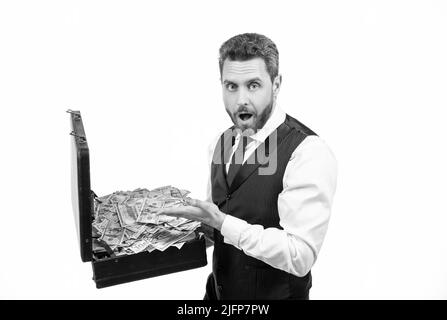 surprised guy with money cafe isolated on white background, payday ...