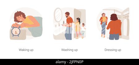 Child morning daily routine with cute cartoon boy character. Kid wake ...