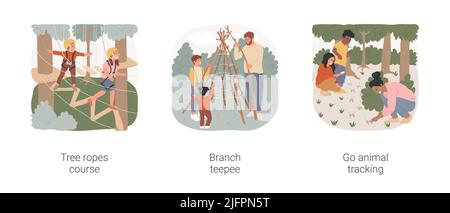 Tree ropes course isolated cartoon vector illustration. Family travel ...