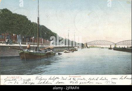 View on the railway bridge and the Waal with the bridgehead on the ...