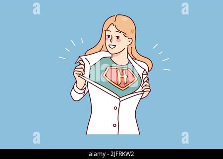 Smiling woman ripping shirt showing hero sign. Happy female demonstrate ...