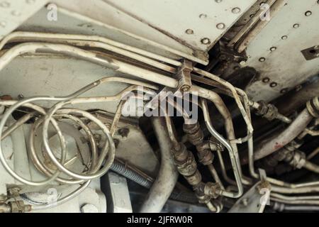 Inside of wheel well stowaway of an old jet fighter airplane Stock ...