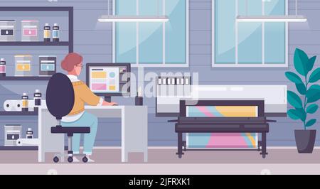 Printing house polygraphy cartoon composition operator sits at computer ...