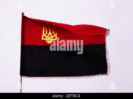 Red and black flag of Ukrainian nationalists flag waving sunrise mist ...