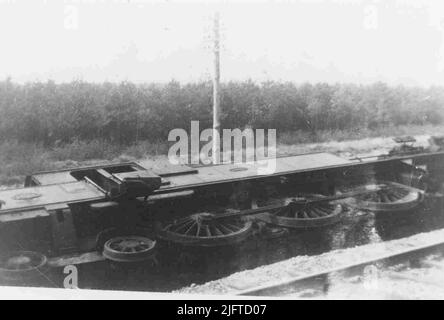 Disrupted locomotive of the German armor train near Mill Stock Photo ...