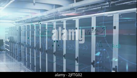 Image of handwritten mathematical equations and molecules over network ...