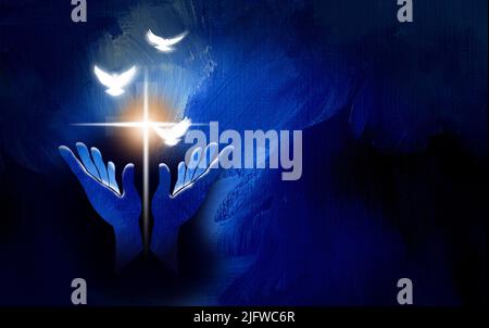 Conceptual graphic illustration of Christian cross with white dove and ...