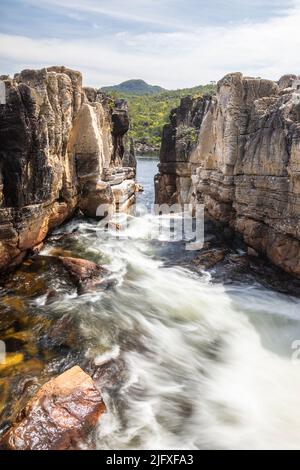 Landscape of big beautiful cerrado waterfall in the nature, Chapada dos ...