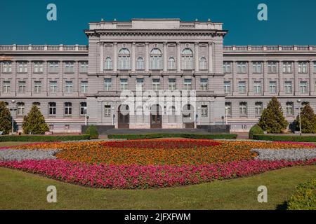 Frontal view of facade or entrance to Mimara museum in Zagreb on a ...