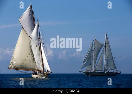 Two schooner sailing ships cruising Stock Photo - Alamy