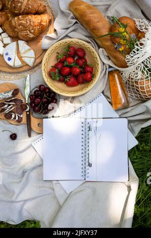 Summer mock-up. Vacation picnic still life. French straw basket with ...