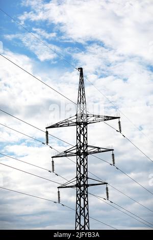 Electrical net of poles on a panorama of blue sky and green meadow ...