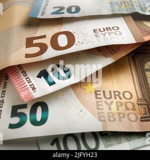 Euros bills of different values. Euro bill of twenty, fifty, one, two, five hundred. Cash ...