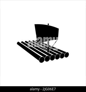 Wooden raft with sail, isolated vector illustration black outline ...