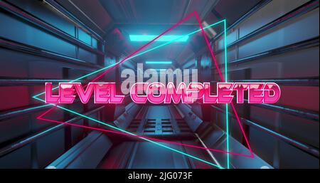 Digital image of level completed text over digital waves against black ...