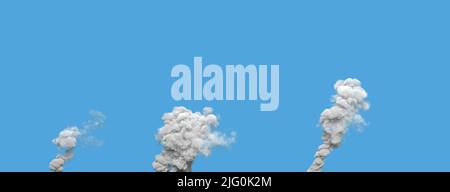 3 grey toxic smoke columns from wildfire on blue, isolated - industrial ...
