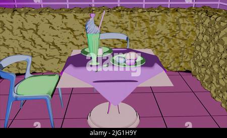 Abstract interior inside cafeteria with icecream cocktail, cake, and ...