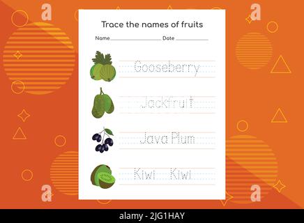 Trace the names of fruits. Handwriting practice for preschool kids ...