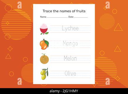 Trace the names of fruits. Handwriting practice for preschool kids ...