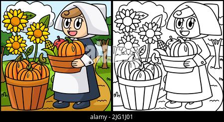 Thanksgiving Pilgrim Girl Coloring Page for Kids Stock Vector Image ...