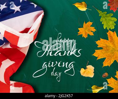 Happy Thanksgiving. USA American flag. Fall decor with autumn leaves ...