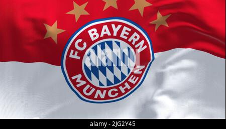 Munich, GER, May 2022: The Bayern Munich Flag waving in the wind on a ...