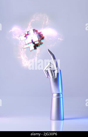 Mechanical robot arm or hand interacts with futuristic digital technologies. Concept of virtual ...