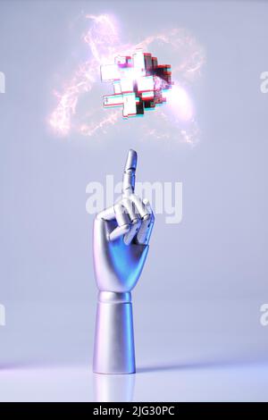 Mechanical robot arm or hand interacts with futuristic digital technologies. Concept of virtual ...