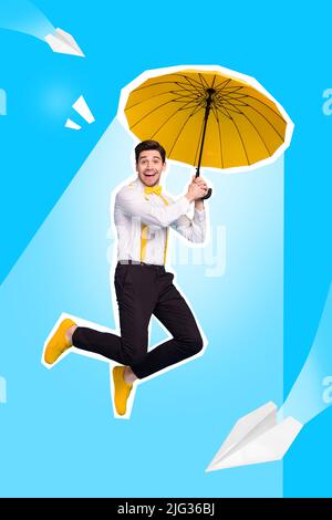 Vertical collage picture of overjoyed excited girl dancing stand big ...