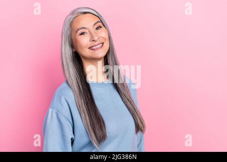 Photo of positive toothy beaming girl with perming coiffure dressed ...