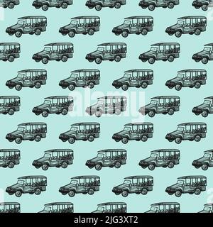 Safari bus engraved seamless pattern. Vintage adventure off road car in ...