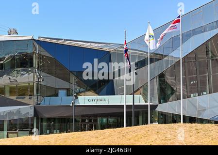 London, England - June 2022: Front exterior view of entrance to the O2 ...