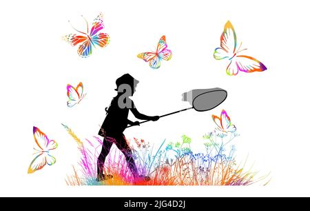 Silhouette of a girl catching butterflies. Vector illustration Stock ...
