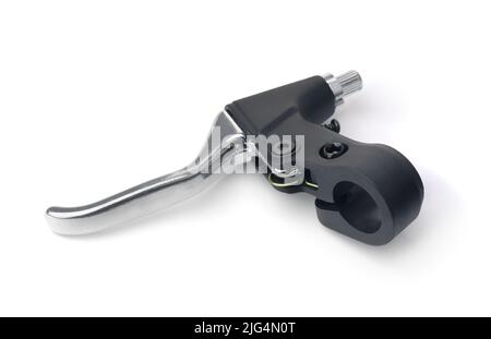 Closeup of a brake lever with a white handle with chrome elements of an ...