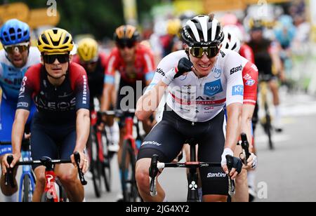 Stage winner and overall leader Tadej Pogacar for team UAE Emirates ...