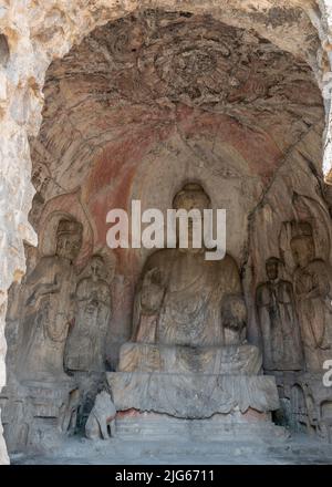 Carved statues of Longmen Grottoes (Longmen Caves). The complex was ...