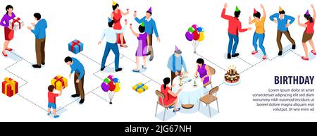 Birthday cake flowchart with anniversary celebration symbols isometric ...