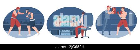 Boxing flat isolated compositions with boxers fighting on arena ...