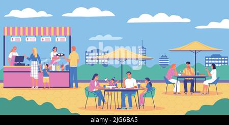 Cafe stall and tables under umbrellas on park alley. Vector cartoon ...