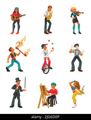 Street performer artist musician dancer cartoon set of isolated human ...
