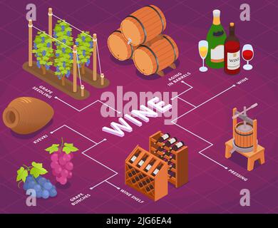 Wine production process isometric flowchart with grapes crushing ...