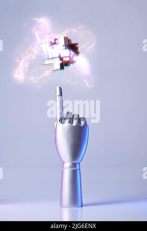 Mechanical robot arm or hand interacts with futuristic digital technologies. Concept of virtual ...