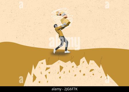 Composite collage image of weak man toy puppet big hand control ...